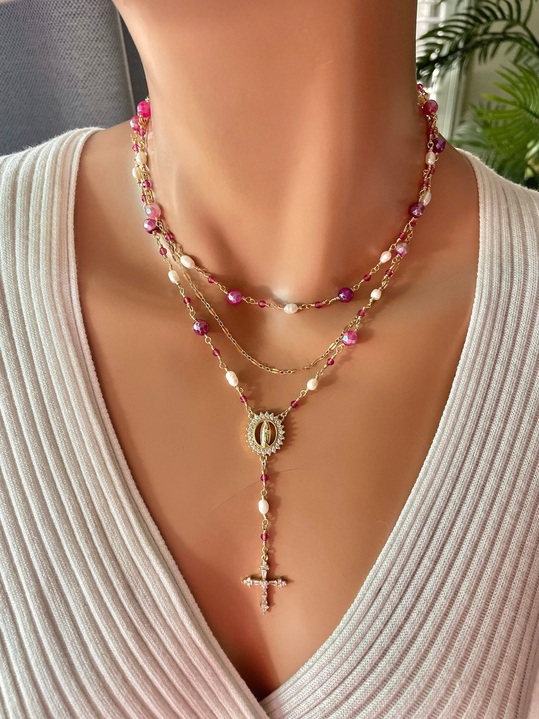 Gold Rosary Necklace Women Our Lady Of Guadalupe Rosary Crystal Cross