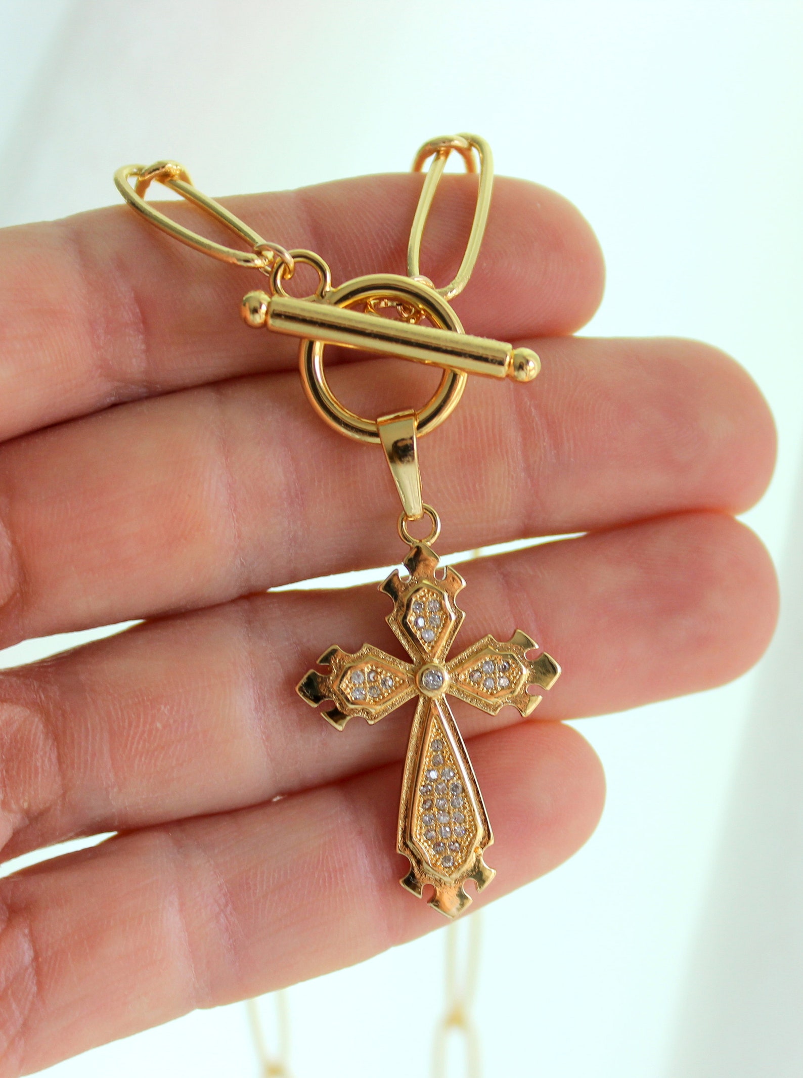 Thick Gold Filled Cross Necklace Chain Choker Toggle Front - Etsy