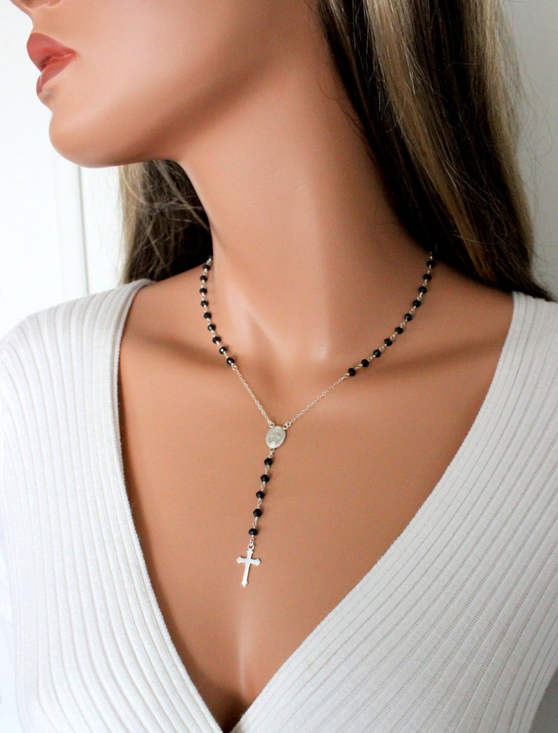 Black Spinel Rosary Necklaces Sterling Silver Womens Cross Etsy
