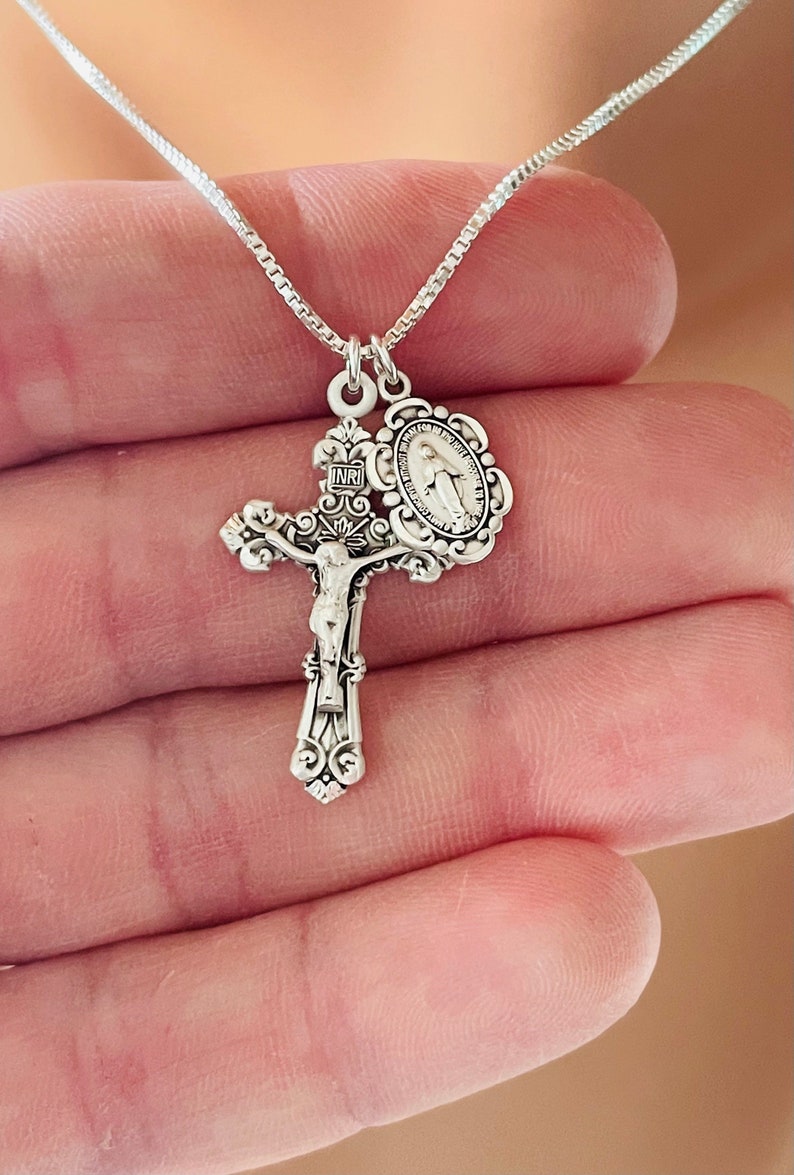 Sterling Silver Crucifix Necklace: Miraculous Medal, Catholic Jewelry ...