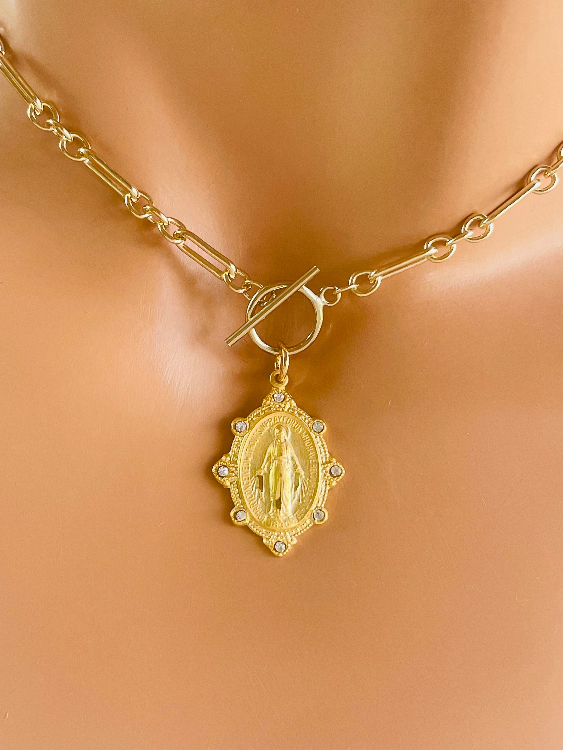 Gold Mary Miraculous Charm Necklace Sterling Silver Choker Necklace ...
