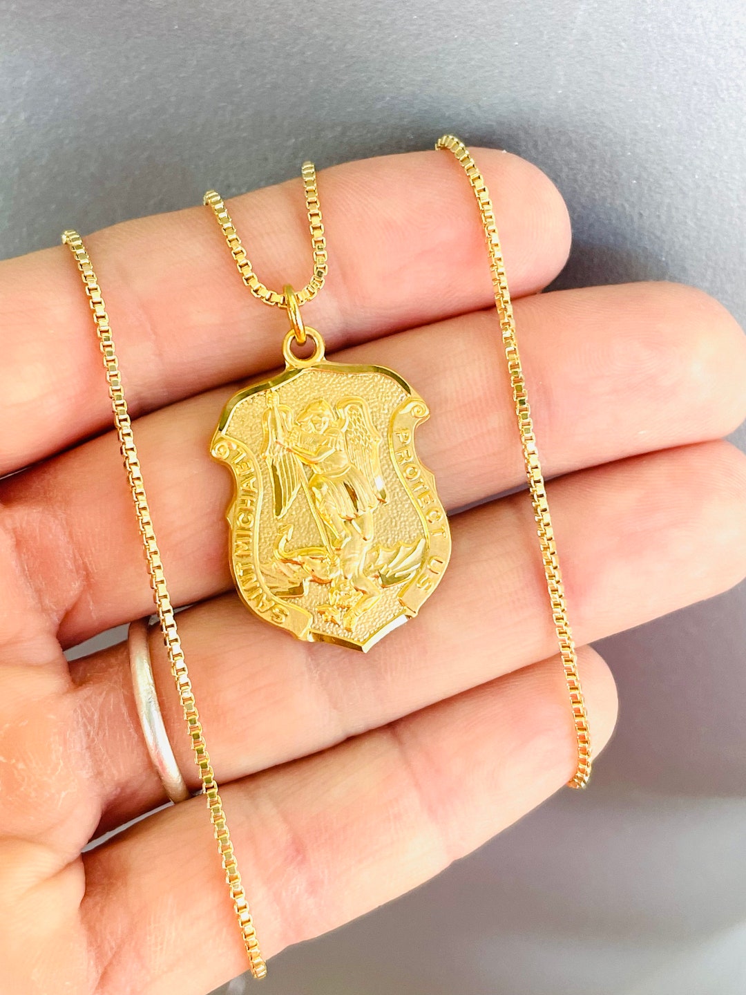 Gold Saint Michael Pendant Necklace Sterling Silver Box Chain - Etsy