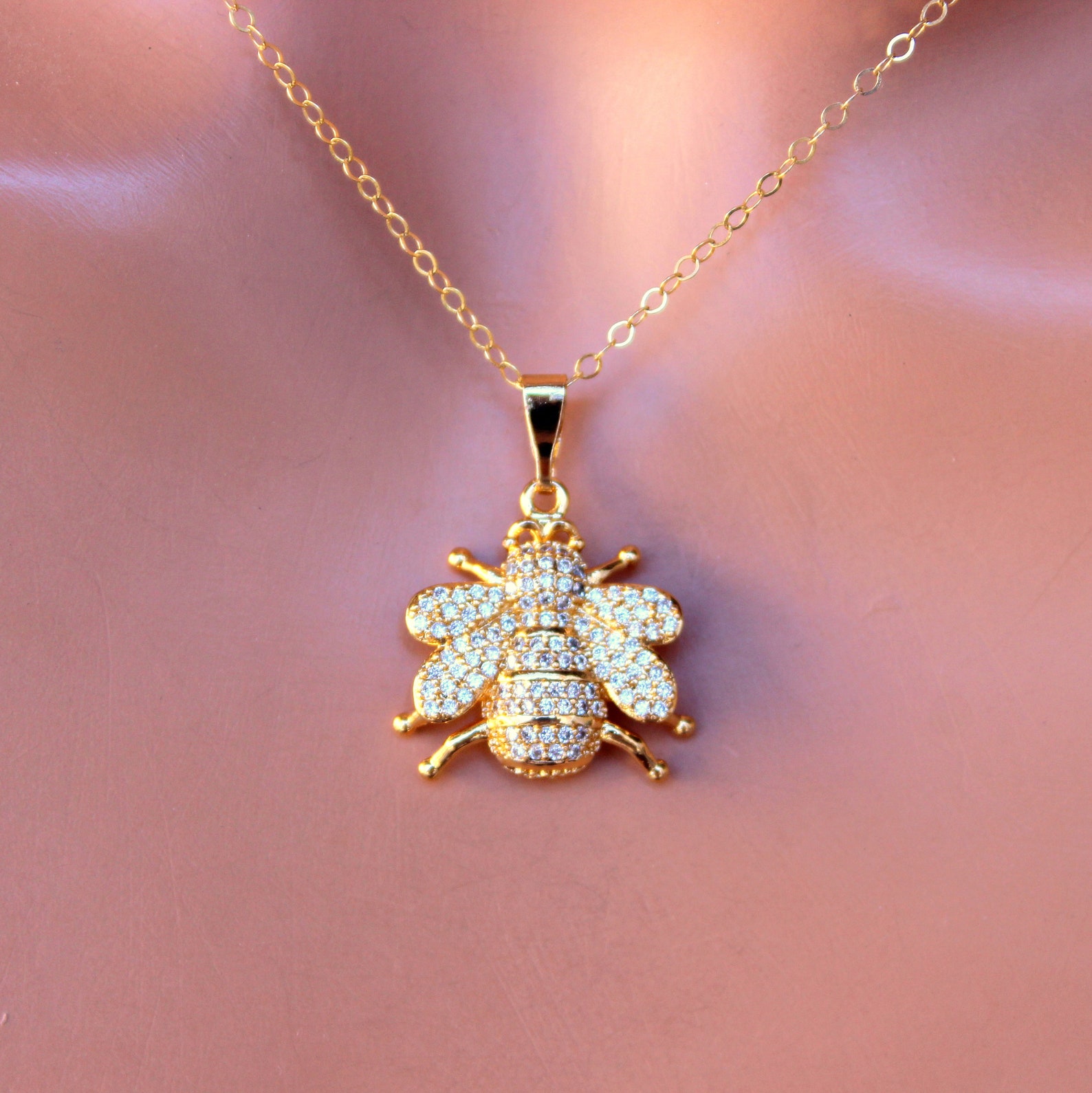 Gold Bumble Bee Charm Necklace Women Large Bee Pendant CZ Bee Necklace ...