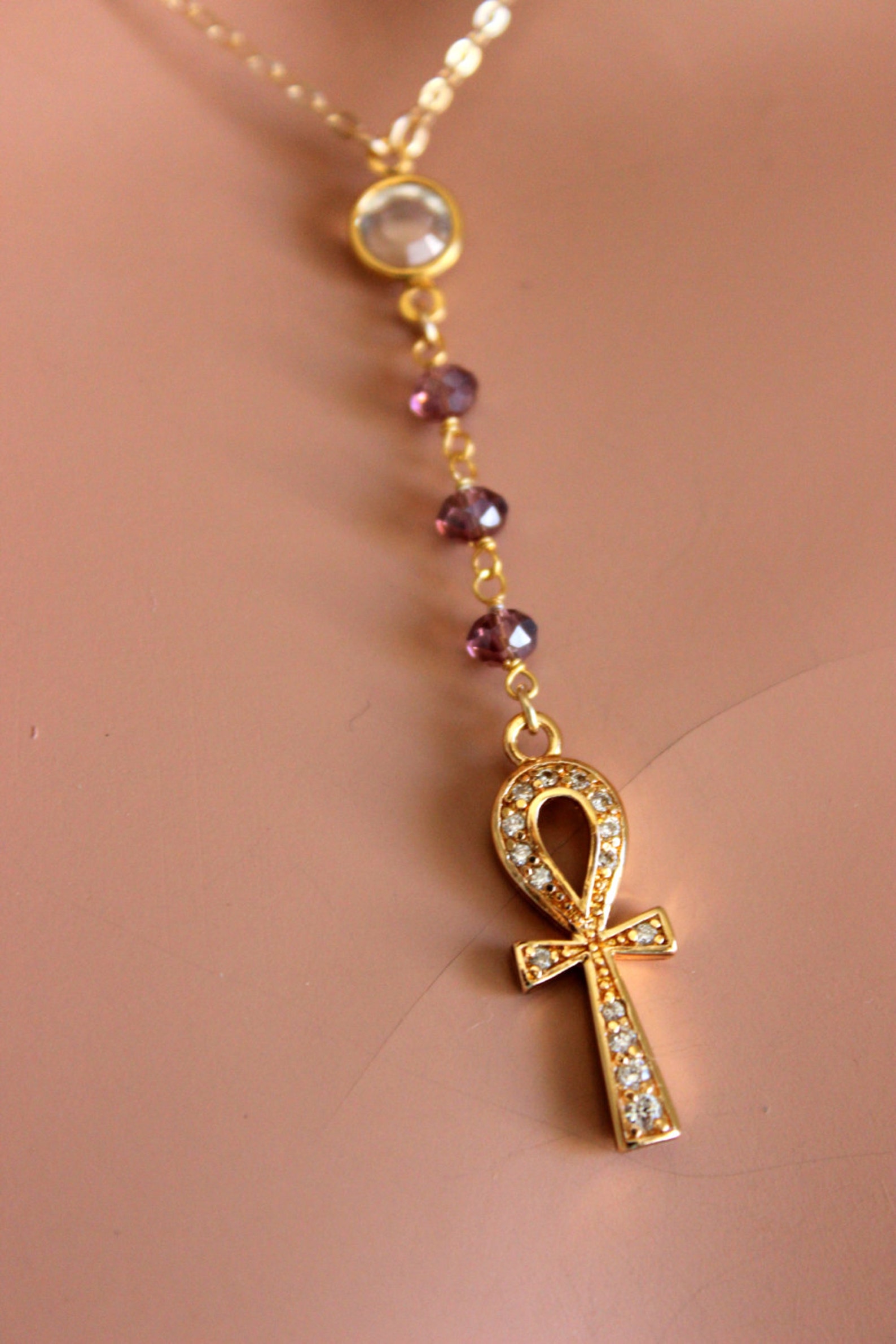 Gold Ankh Necklace Women Gold Filled Purple Crystals Aunk Pendant ...