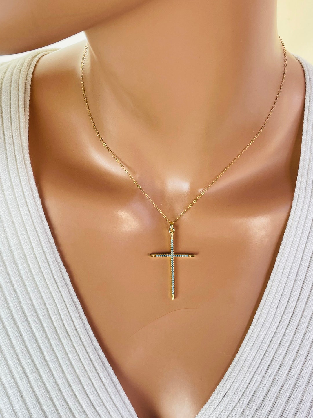 Gold Cross Necklace Turquoise Crystal Cross Pendant Women Thin Skinny ...