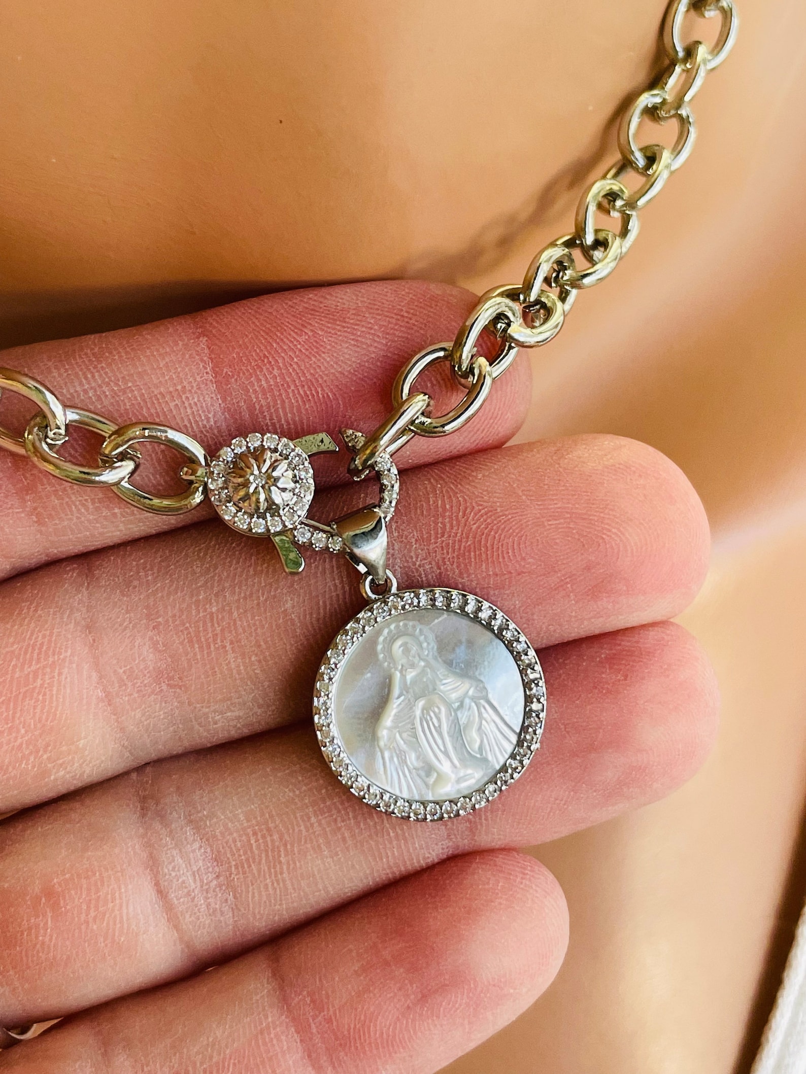 Gold Miraculous Pendant Choker Virgin Mary Mother of Pearl Charm ...