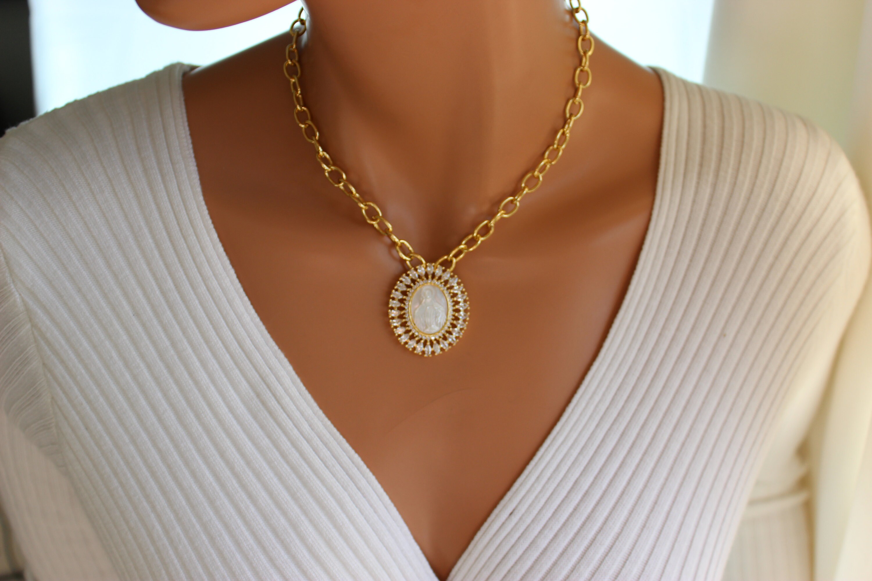 Large Gold Miraculous Cameo Choker Necklace Chunky Thick Chain | Etsy