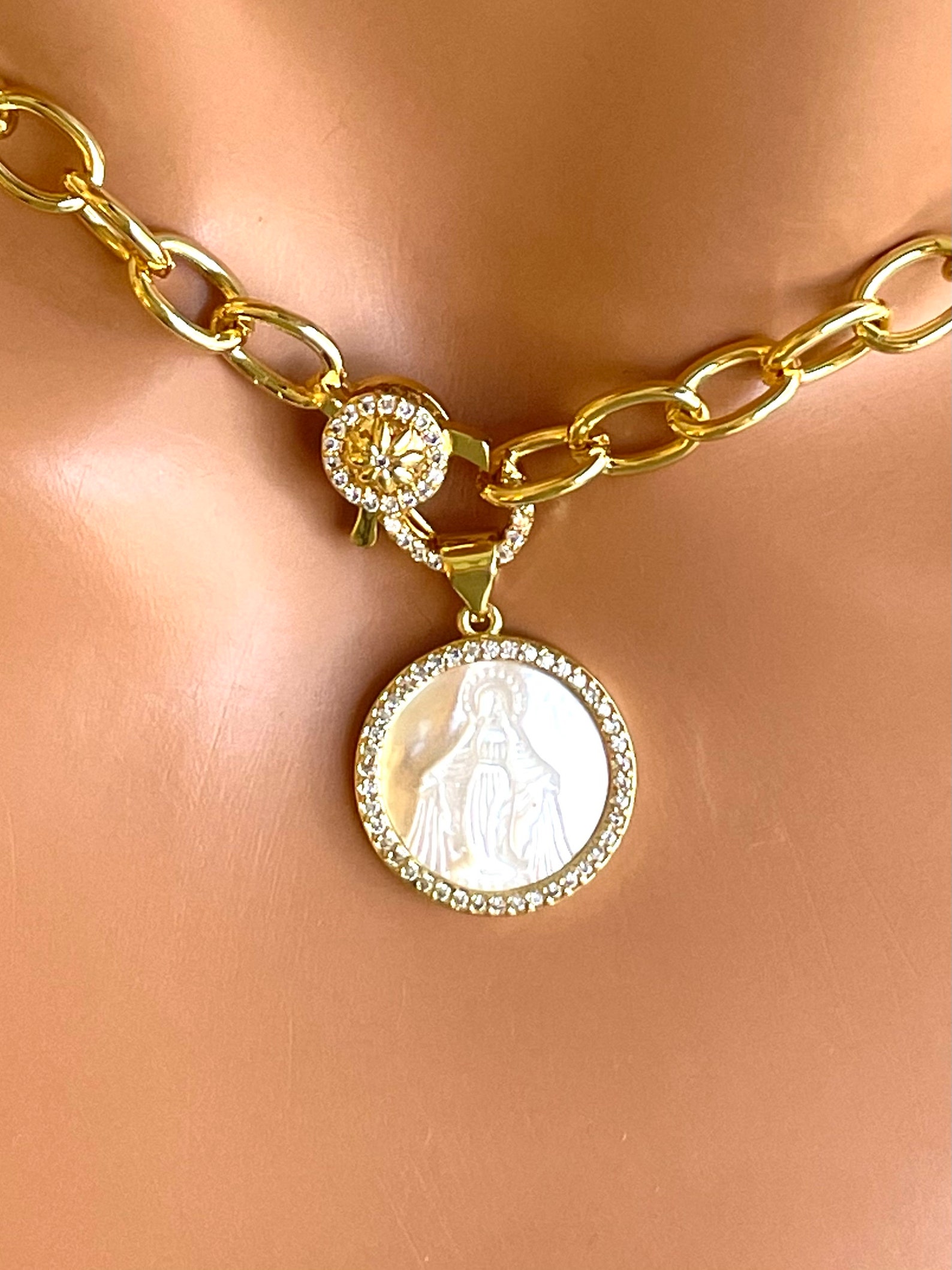Gold Miraculous Pendant Choker Virgin Mary Mother of Pearl Charm ...