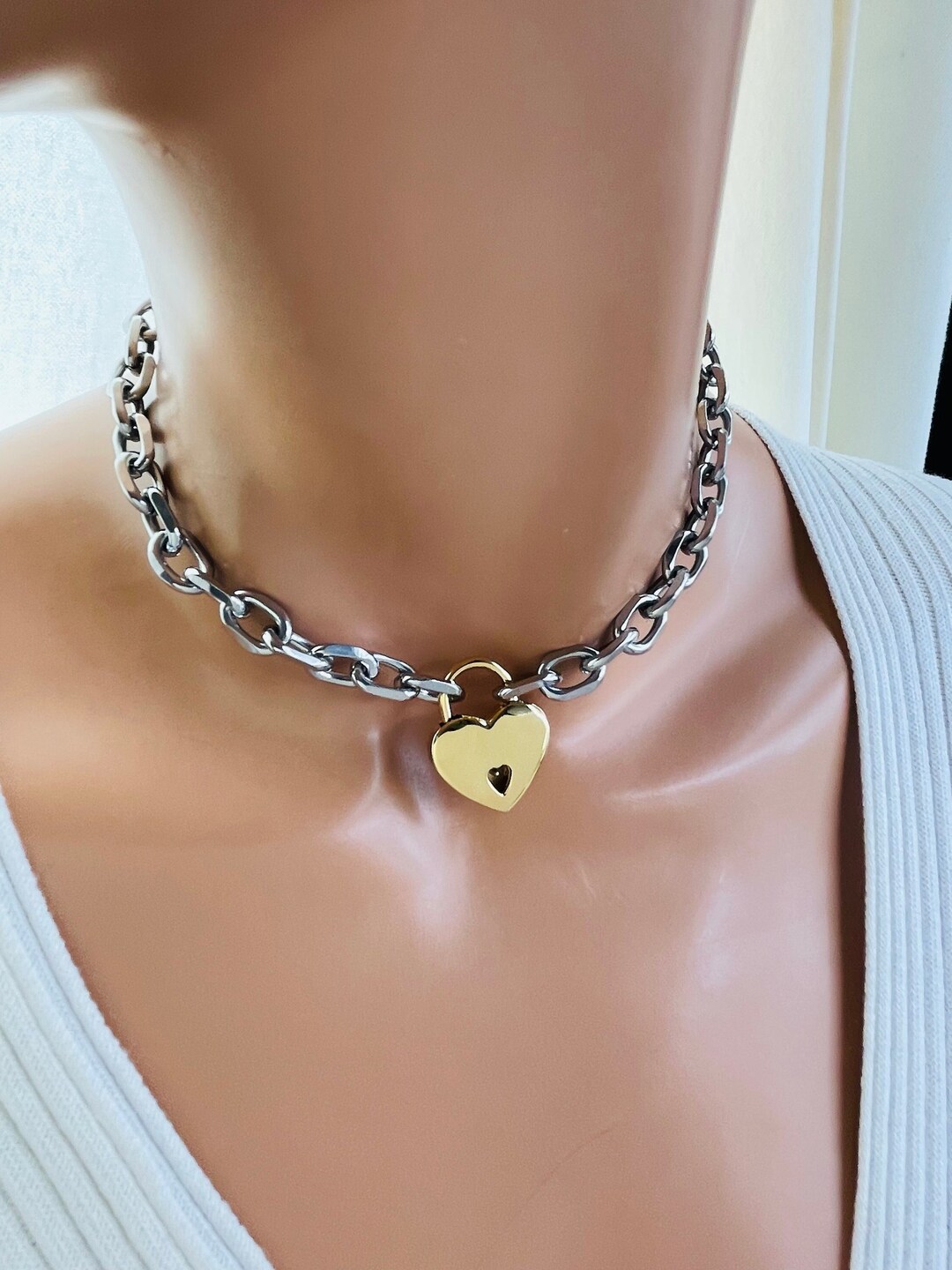 Two Tone Thick Stainless Steel Choker Chain Heart Pad Lock Necklace ...