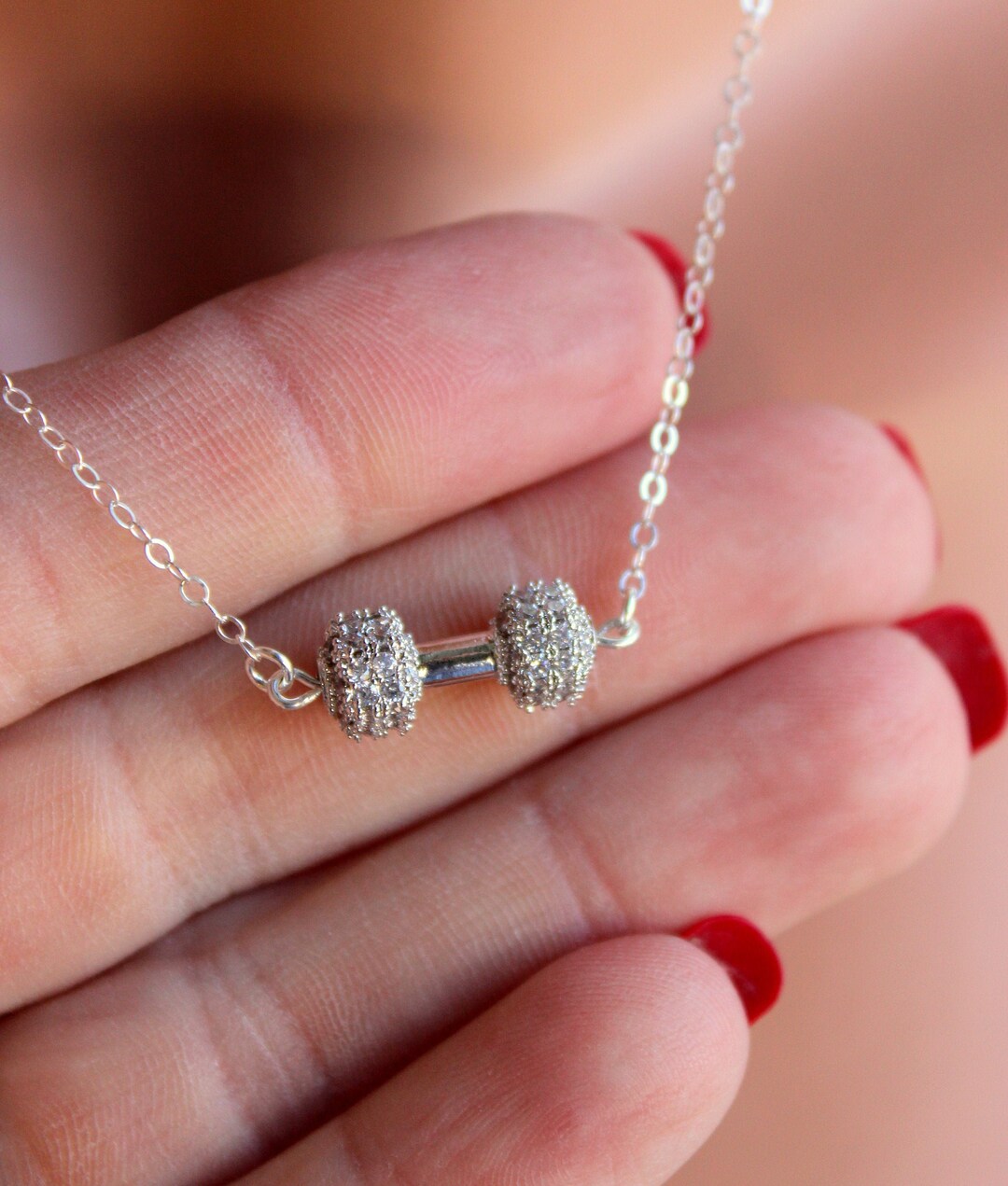 Dainty Sterling Silver Dumbbell Charm Necklace Gold Barbell Necklace ...