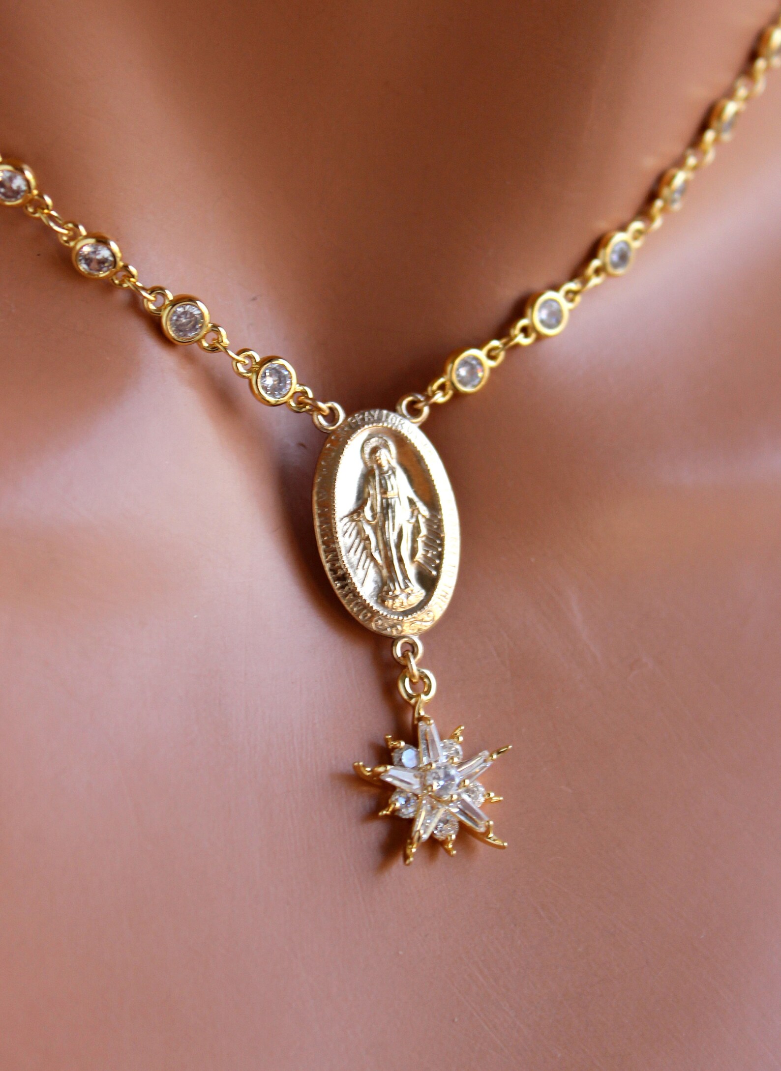 Gold Miraculous Medal Choker Necklace Virgin Mary Charm Gold Choker ...