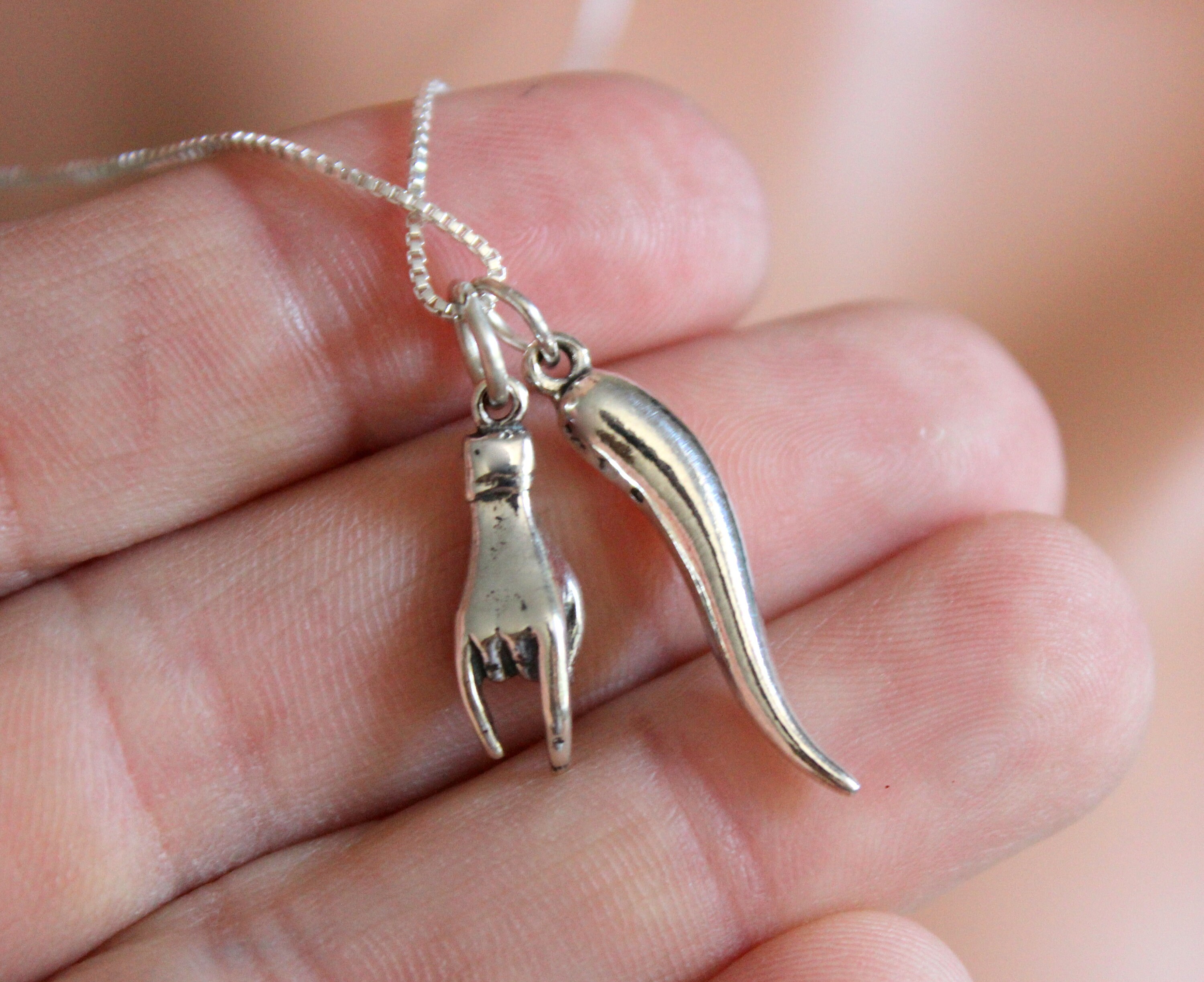 BEST SELLER Mano Cornuto Sterling Silver 925 Hand Horn Pendant Necklace ...