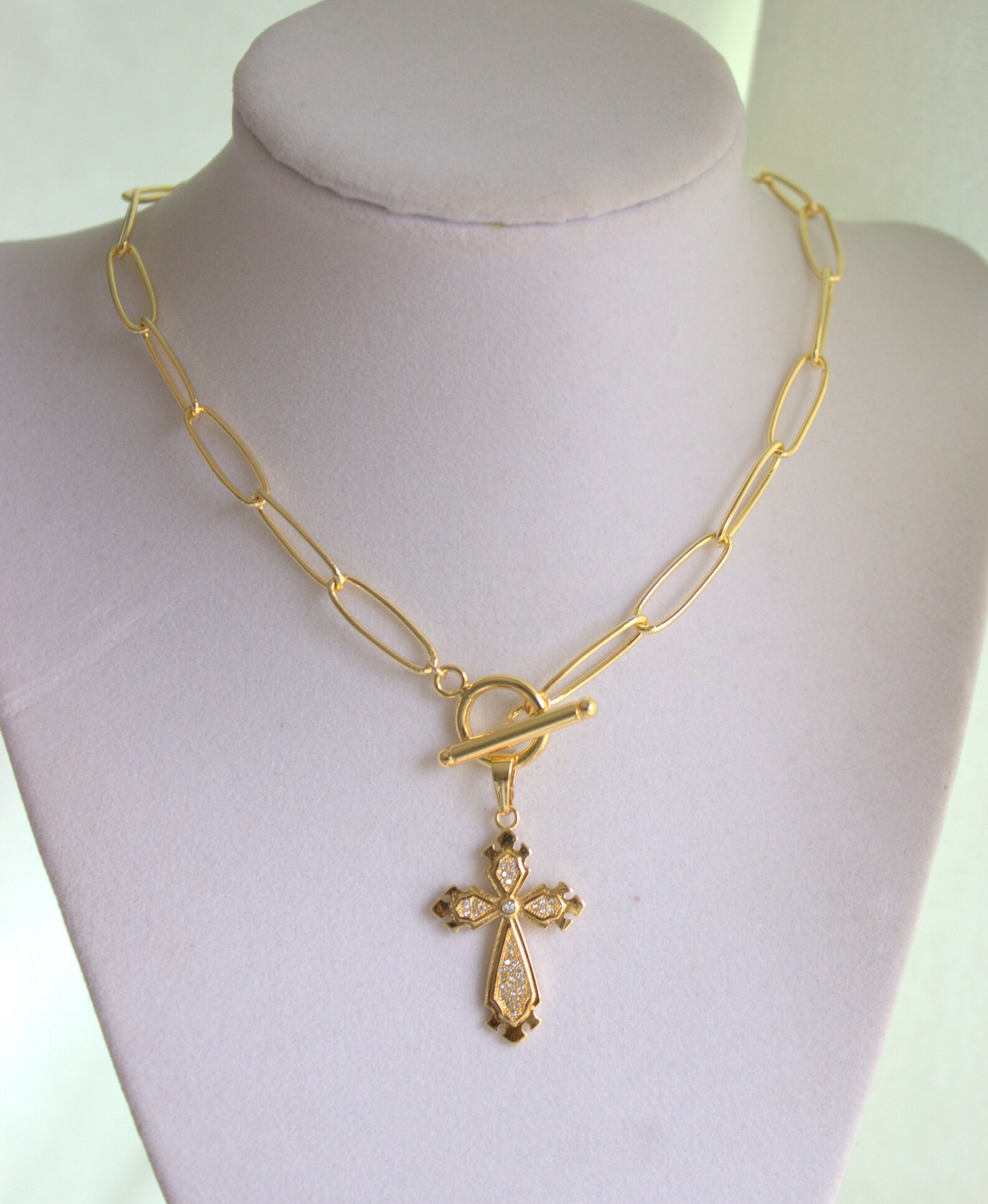 Thick Gold Filled Cross Necklace Chain Choker Toggle Front - Etsy