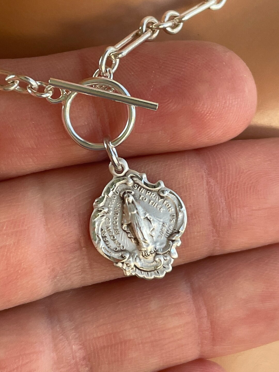 Sterling Silver Miraculous Medal Choker, Thick Chain, Mary Pendant ...
