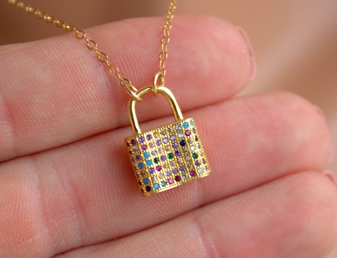 BEST SELLER Colorful Gold Lock Charm Necklace Small Daitny Pave Crystal ...