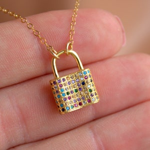 BEST SELLER Colorful Gold Lock Charm Necklace Small Daitny Pave Crystal ...