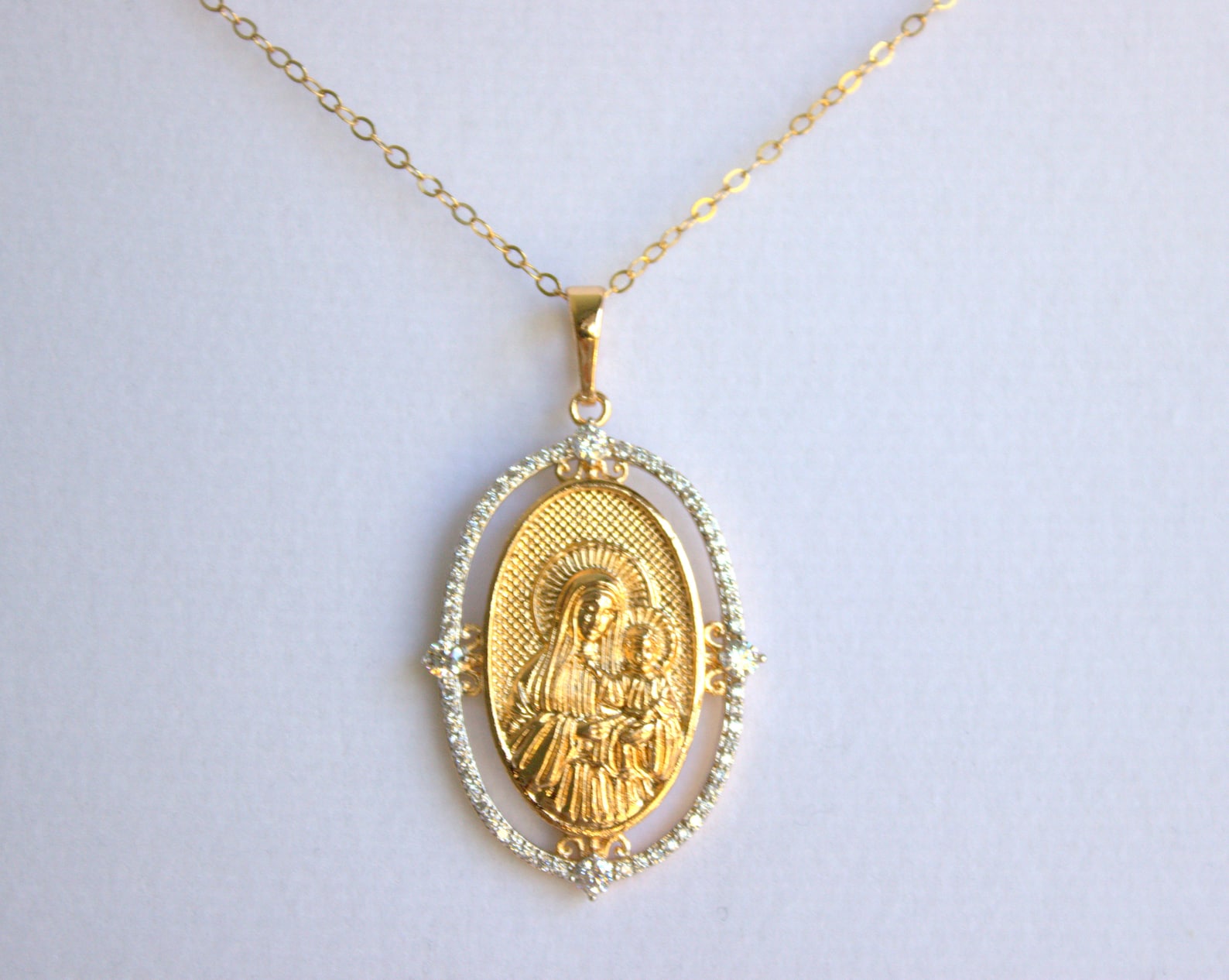 Gold Mary Mother and Child Pendant Necklace Women Two Tone - Etsy