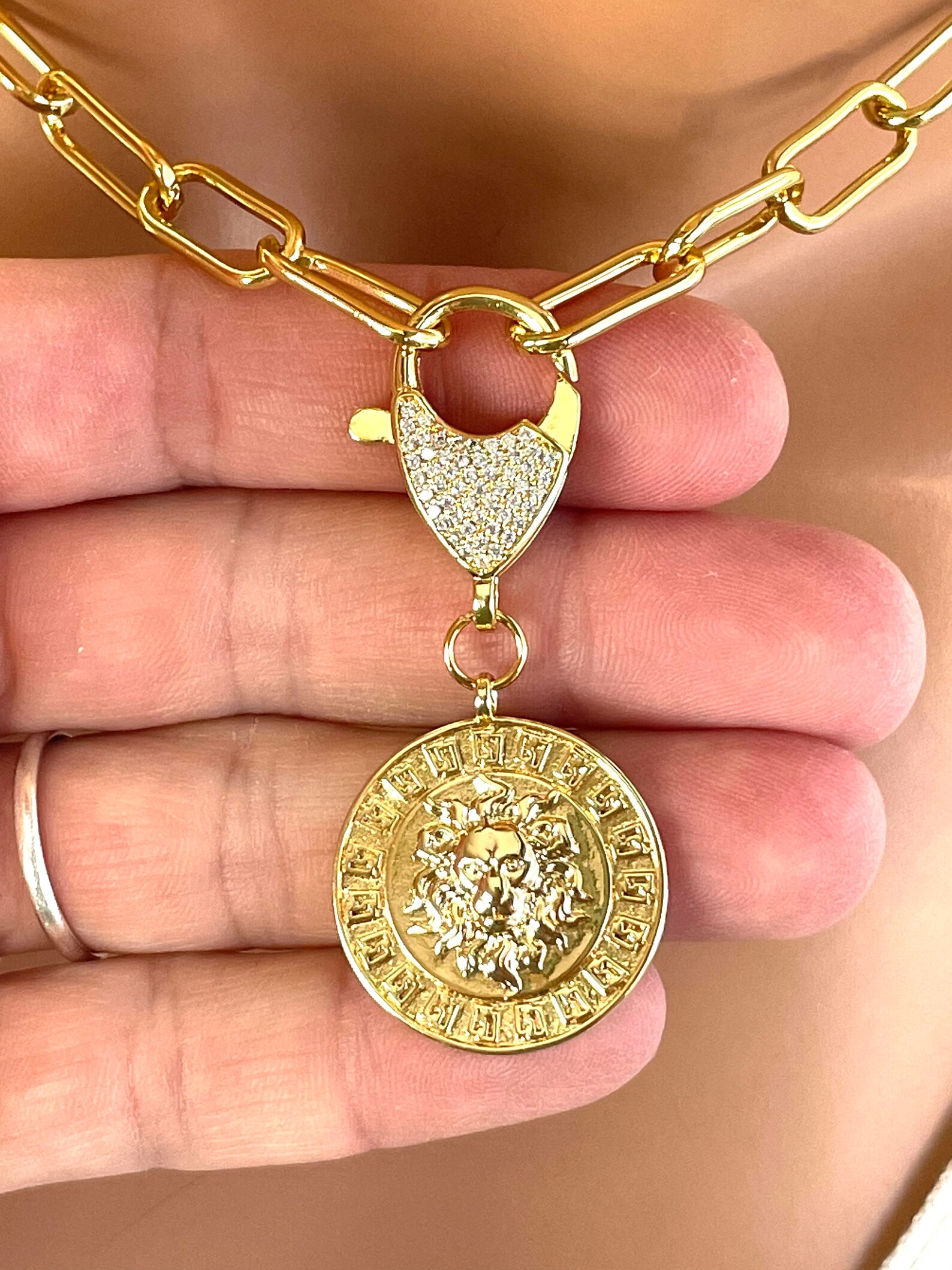 SALE Gold Lion Pendant Necklace Paper Clip Chain Choker Women Thick ...