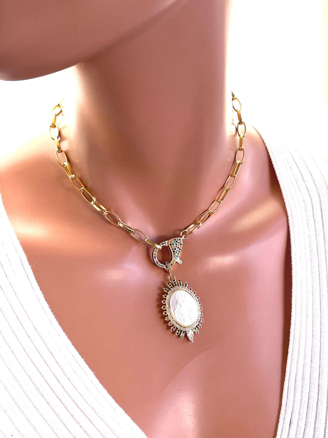 Gold Mary Miraculous Pendant Necklace Women Gold Filled Choker Large ...