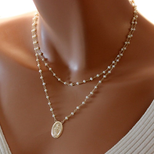 Gold Miraculous Medal Necklace Women Pearl Necklaces Catholic Etsy