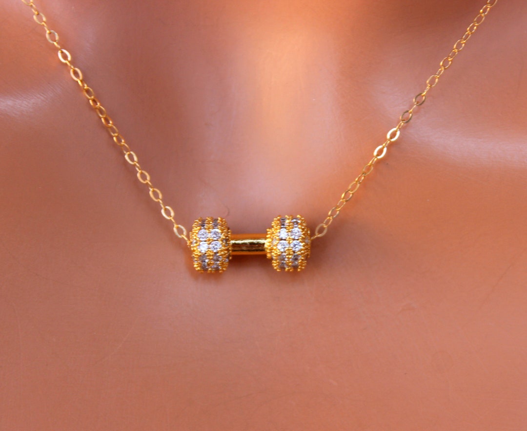 Gold Dumbbell Charm Necklace CZ Barbell Necklace Sterling Silver Rose ...