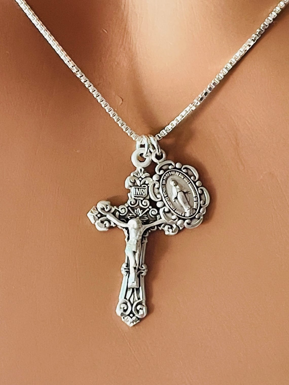 Sterling Silver Crucifix Necklace Miraculous Medal Double - Etsy