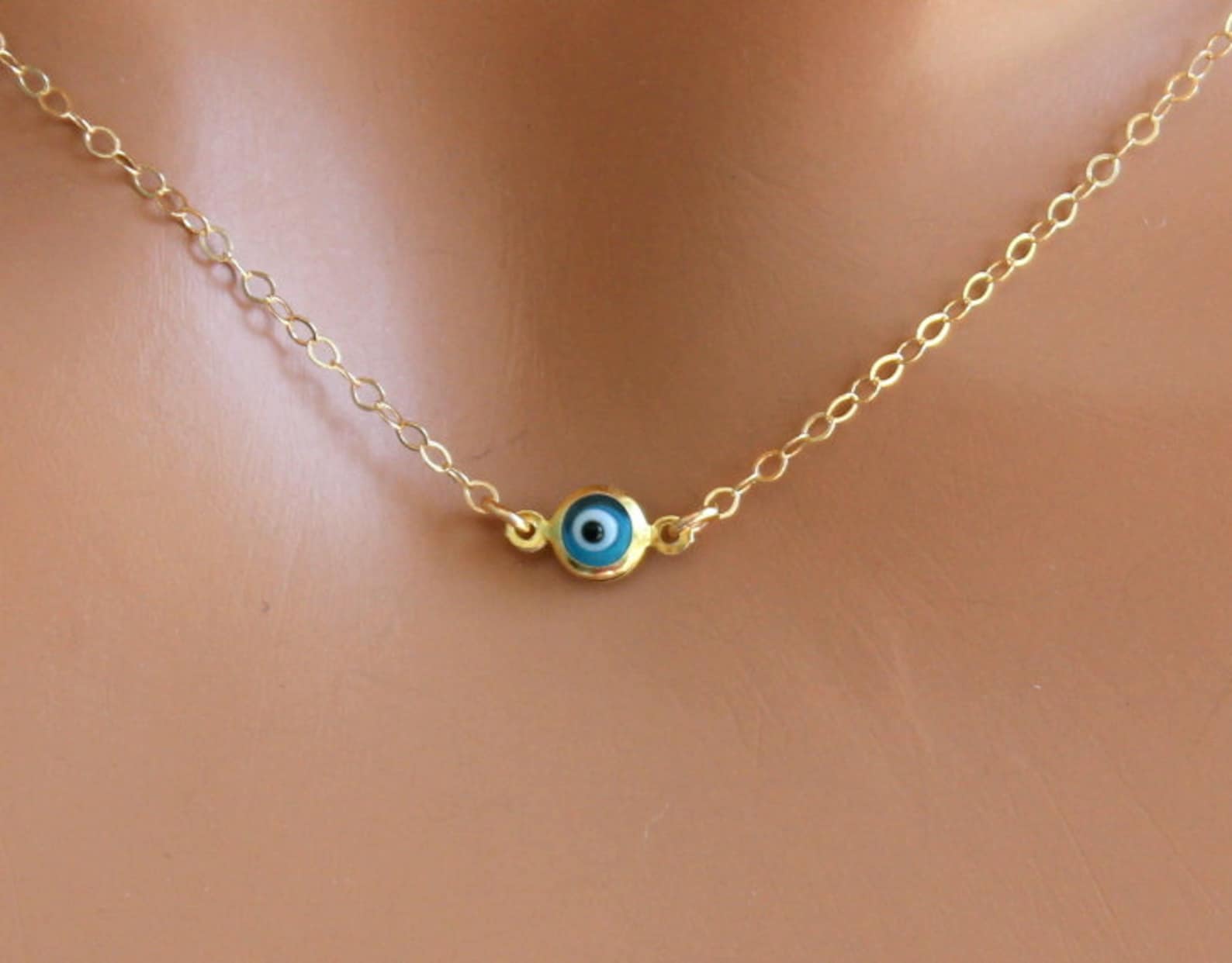 Tiny Evil Eye Necklace Gold Filled Sterling Silver Small Blue Eyes ...