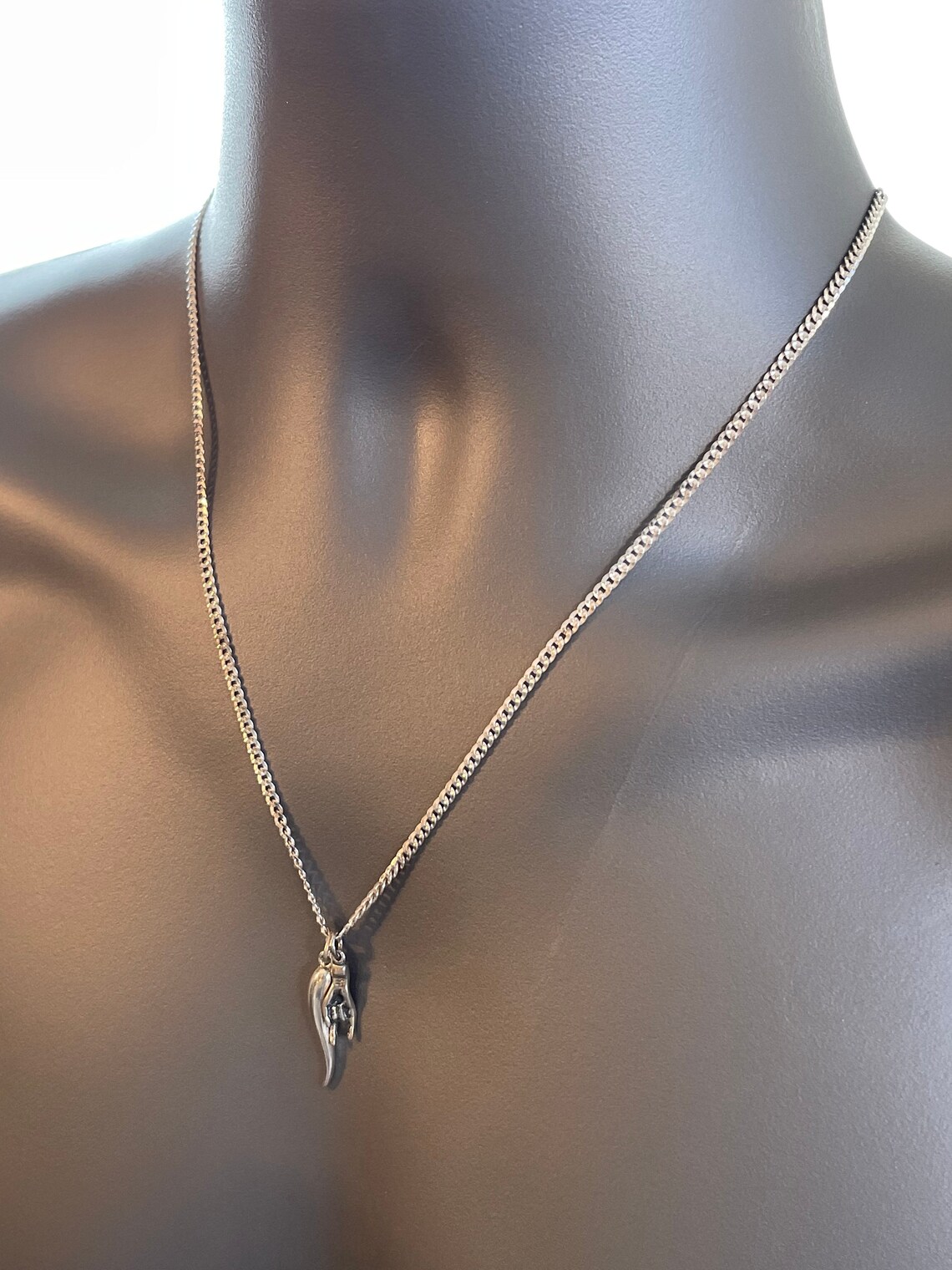 Men’s Sterling Silver Mano Cornuto Charm Necklace Curb Chain 925 Hand ...