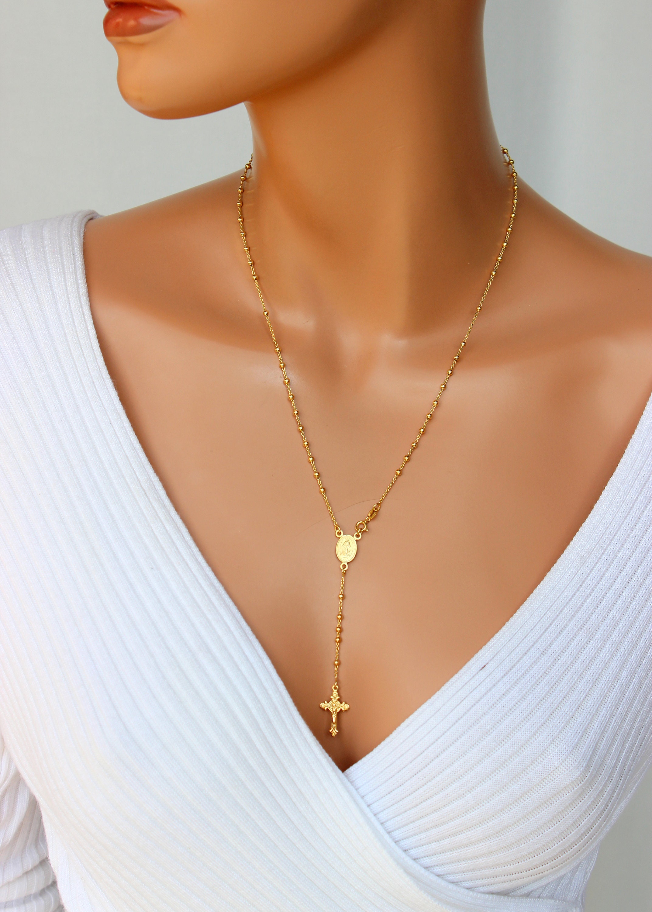 Gold Rosary Necklace Women Crucifix Cross Sterling Silver Etsy