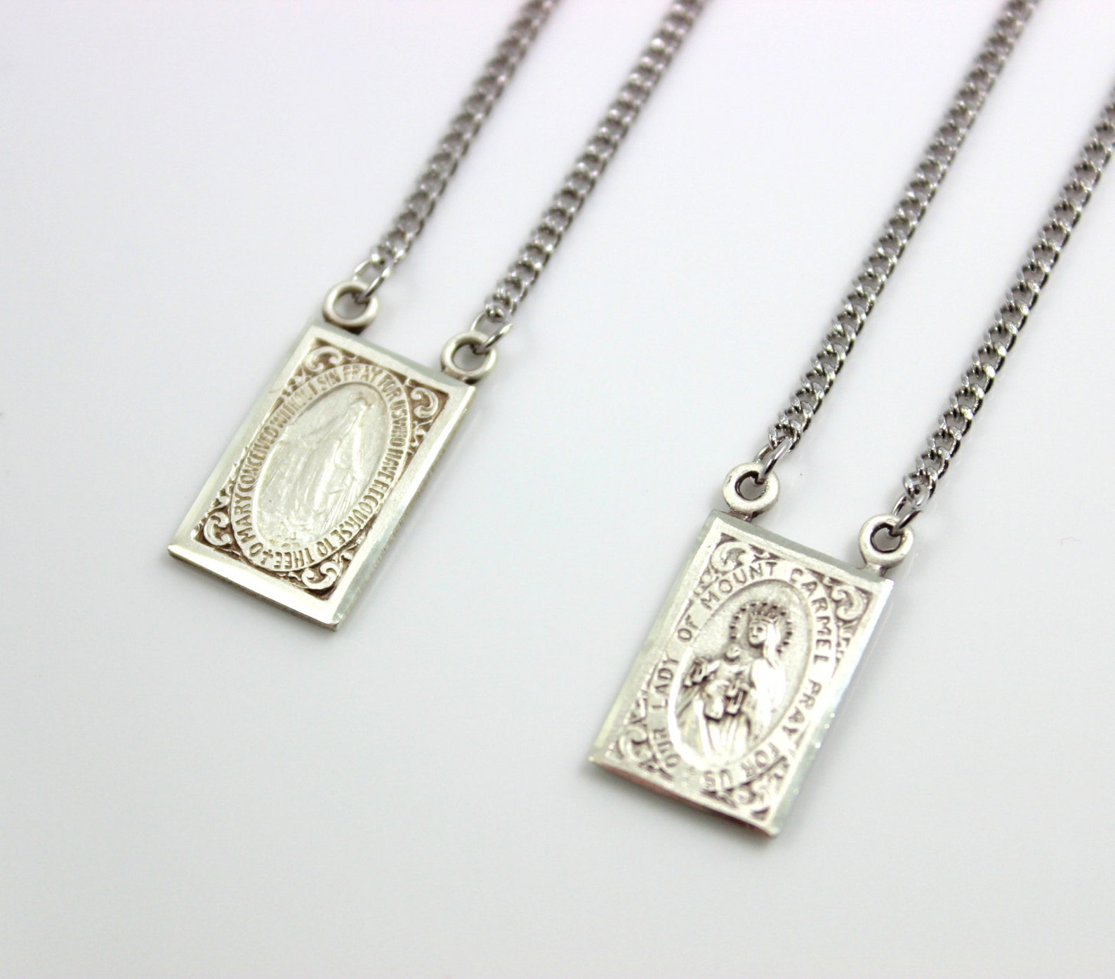 Scapular Necklace Sterling Silver Mary Medallion Sacred Heart - Etsy