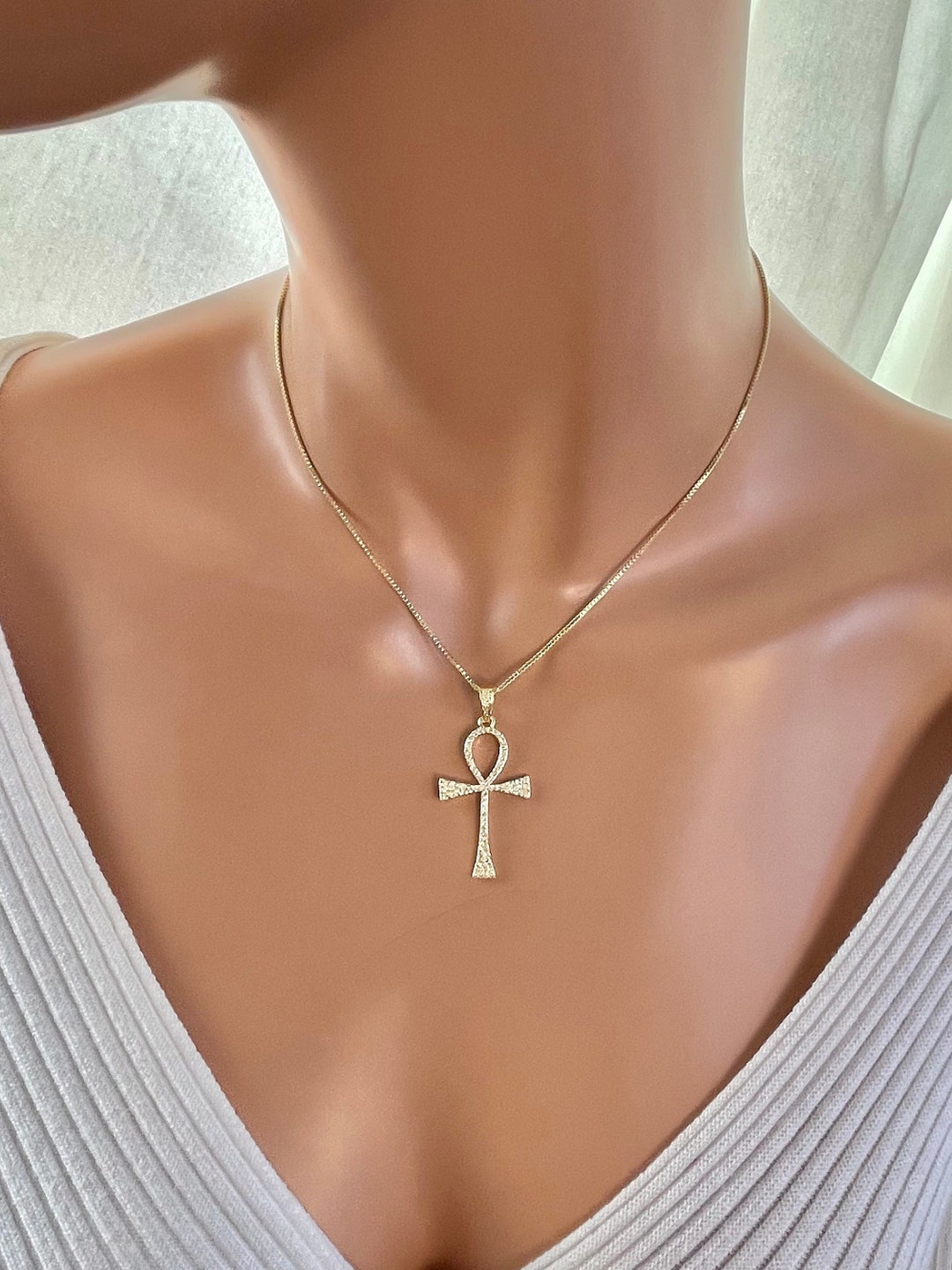 Gold Ankh Cross Necklace CZ Ankh Pendant Necklaces Gold Filled Large ...