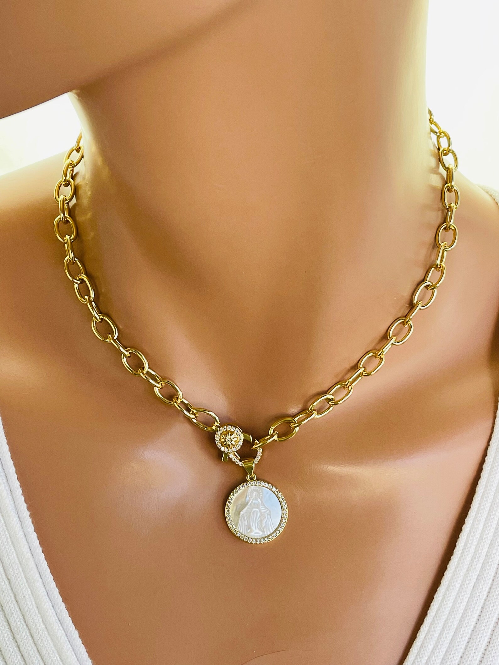 Gold Miraculous Pendant Choker Virgin Mary Mother of Pearl Charm ...