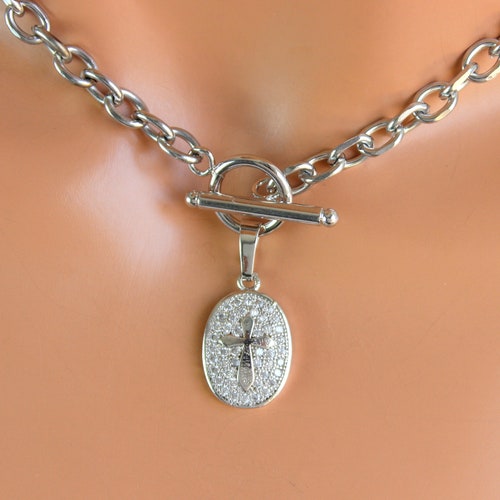 BEST SELLER Thick Silver Chain Choker Cross Necklace Chunky - Etsy