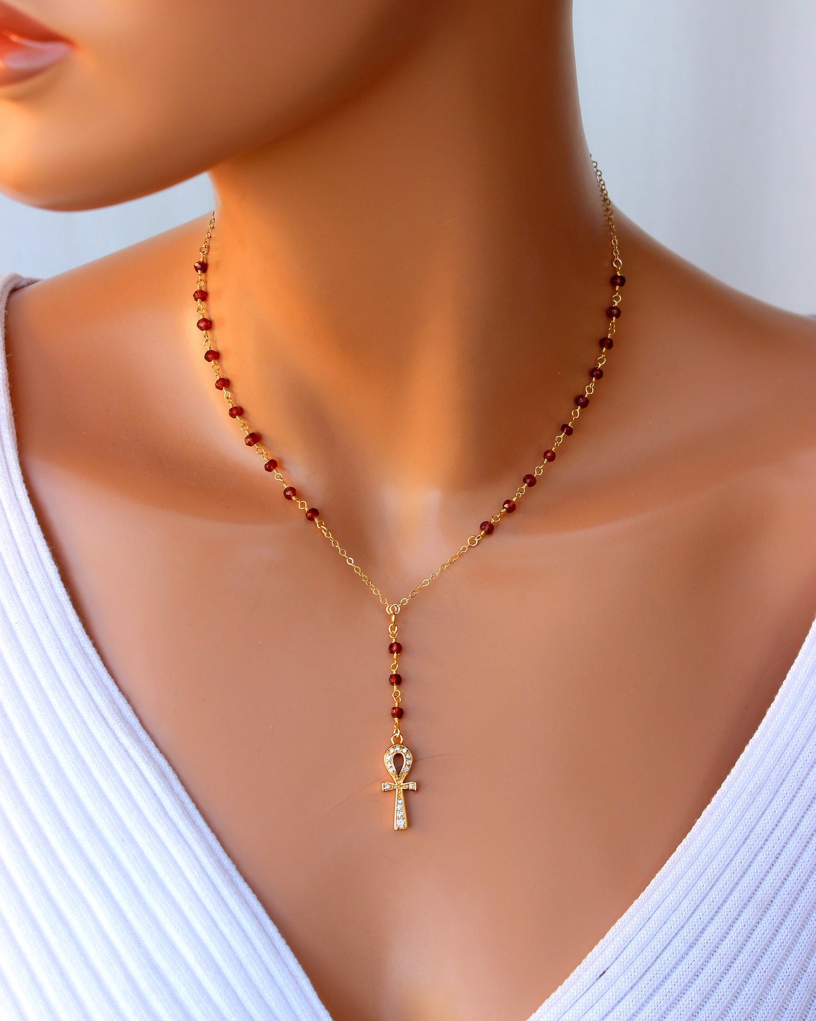 Gold Ankh Necklace Women Garnet Double Choker Multi Strand - Etsy