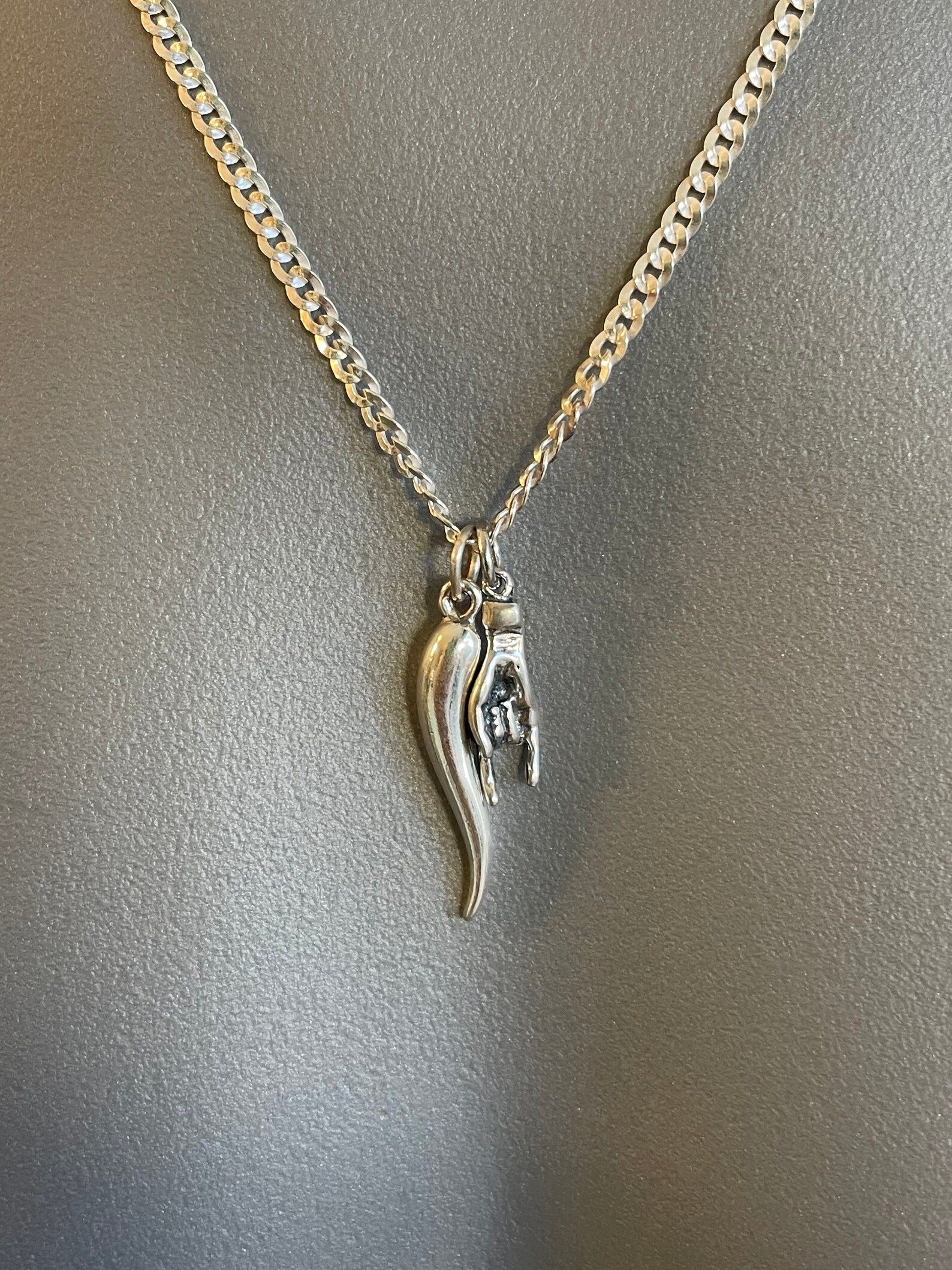 Men’s Sterling Silver Mano Cornuto Charm Necklace Curb Chain 925 Hand ...