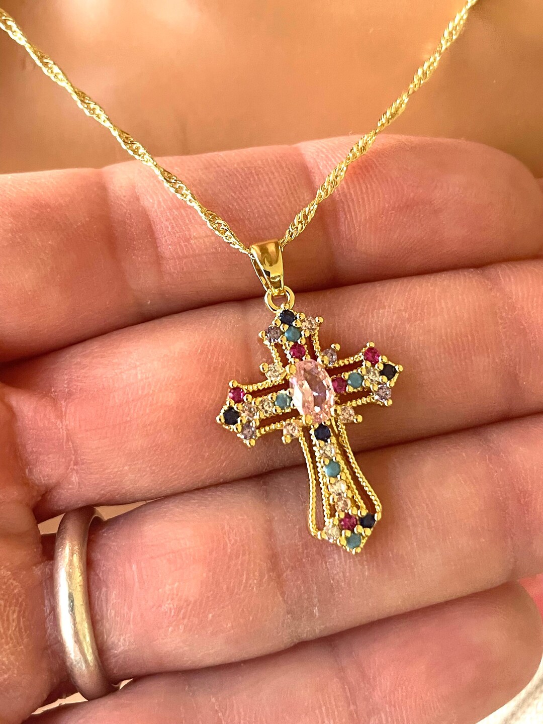 14K Gold Filled Cross Pendant Necklace: Colorful CZ Christian Jewelry ...