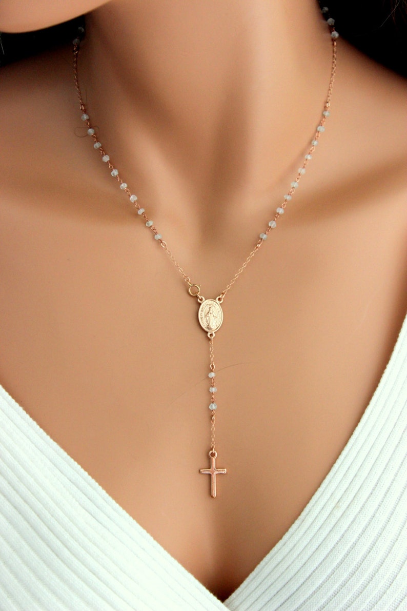 Best Seller Rose Gold Rosary Necklace Rainbow Moonstone Mary Etsy