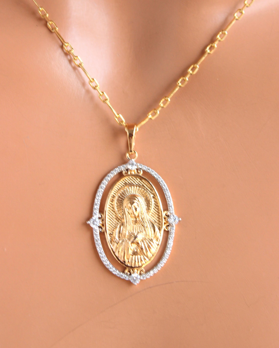 Gold Filled Virgin Mary Necklace Women Two Tone Large Mary - Etsy