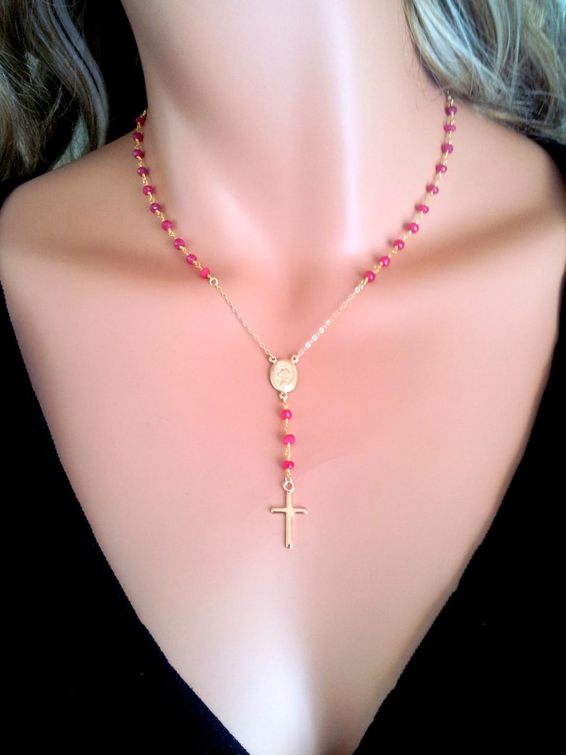 BEST SELLER Gold Rosary Necklace Ruby Catholic Cross | Etsy