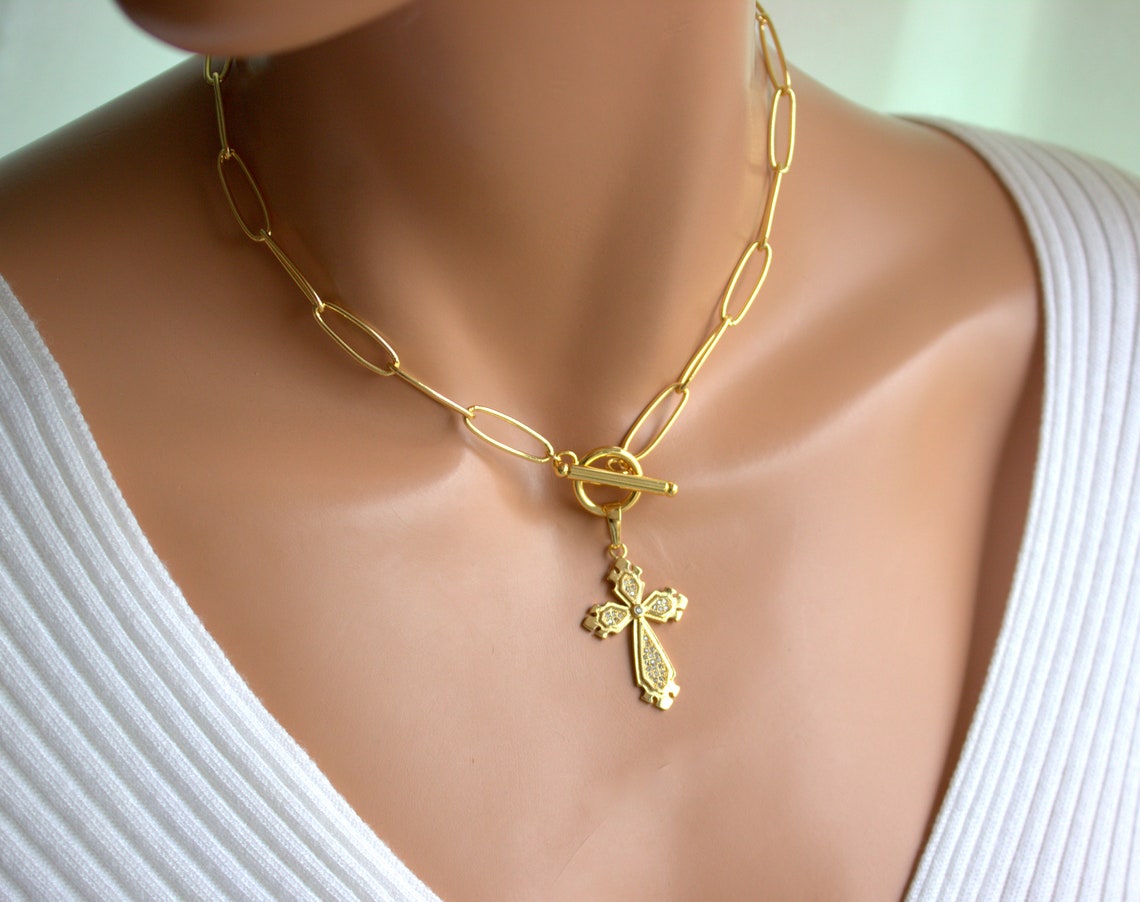 Thick Gold Filled Cross Necklace Chain Choker Toggle Front | Etsy