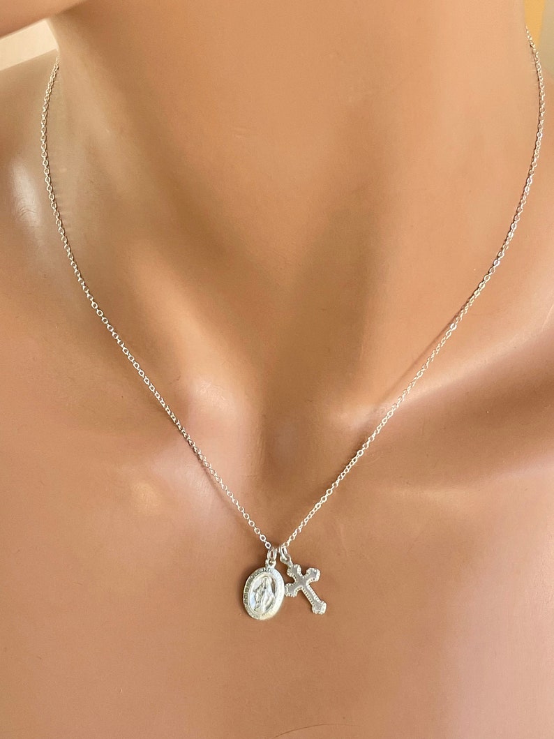 Gold Miraculous Cross Double Charm Necklace Sterling Silver Rose Gold ...