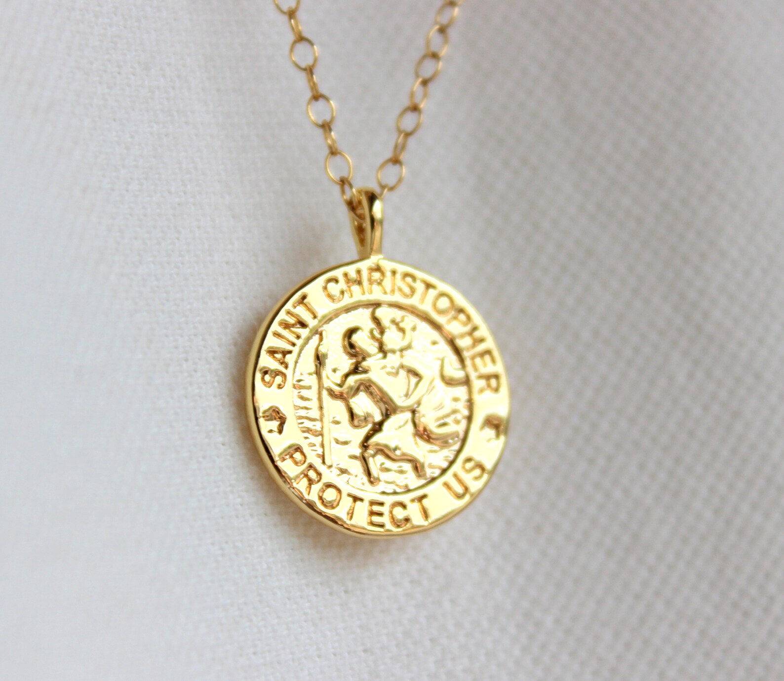 Gold Saint Christopher Charm Necklace Women Round Gold Filled Coin St ...