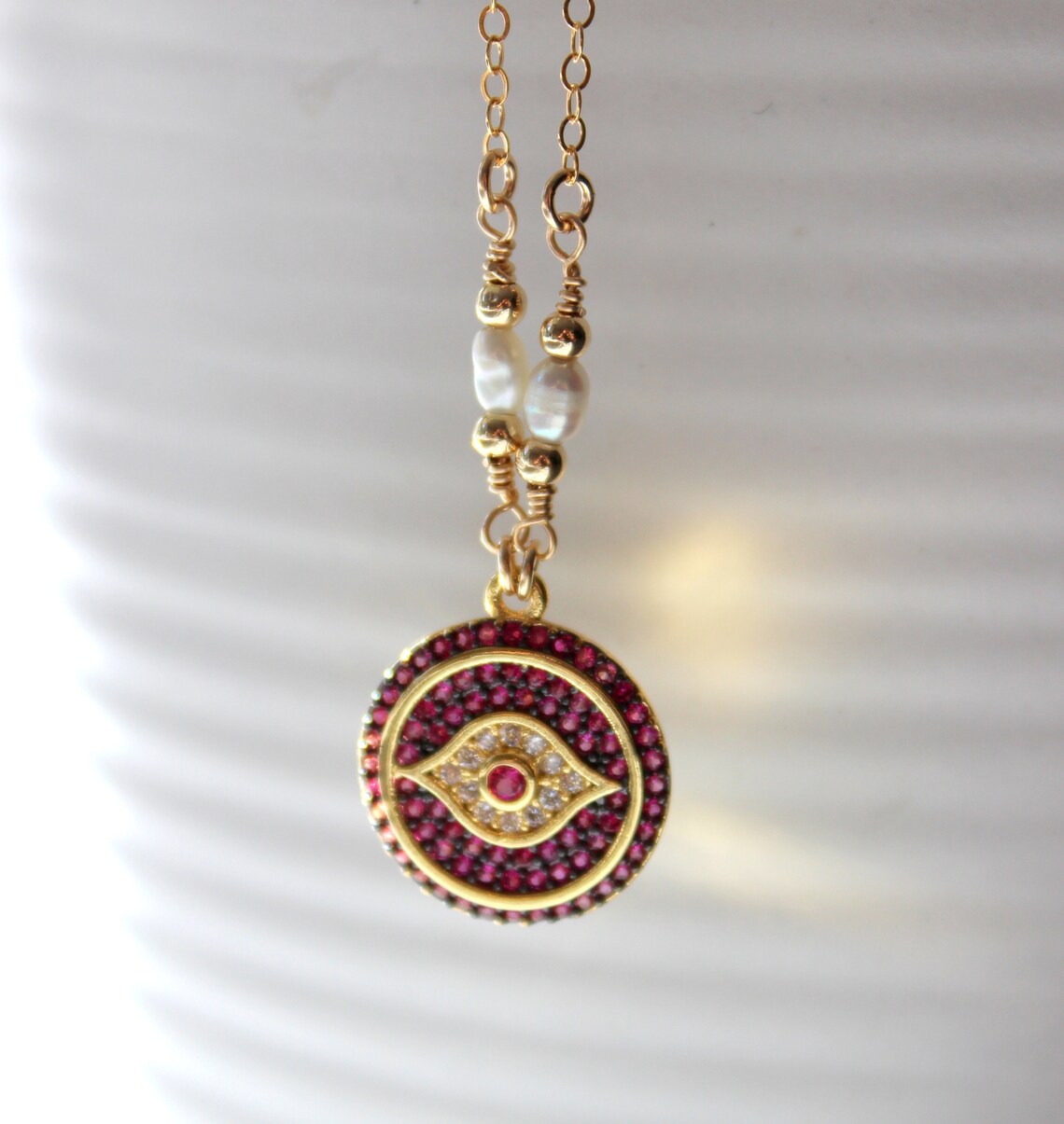Gold Evil Eye Pendant Necklace Ruby Red Crystals Gold Filled - Etsy