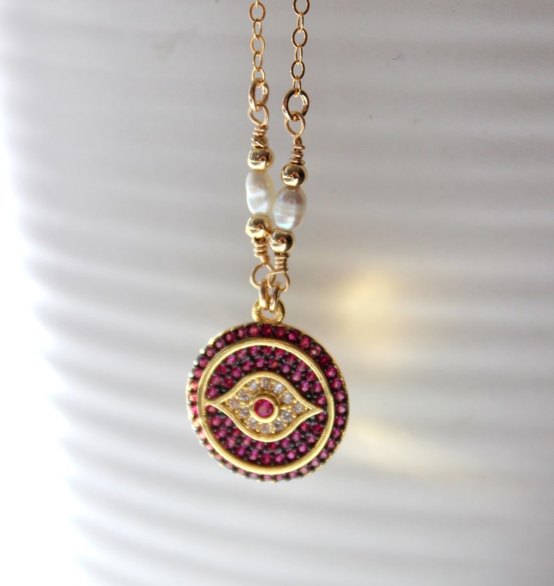 Gold Evil Eye Pendant Necklace Ruby Red Crystals Gold Filled | Etsy
