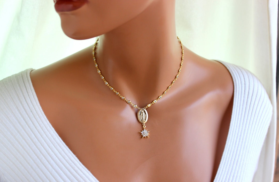 Gold Miraculous Medal Choker Necklace Virgin Mary Charm Gold Choker ...