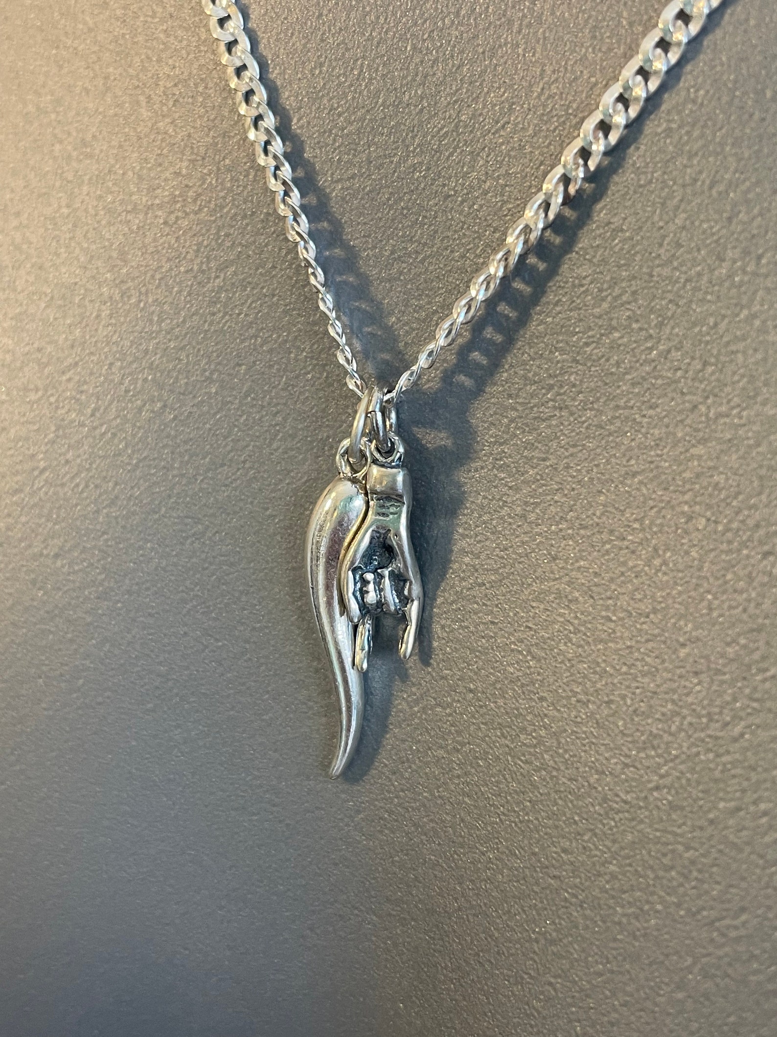 Men’s Sterling Silver Mano Cornuto Charm Necklace Curb Chain 925 Hand ...