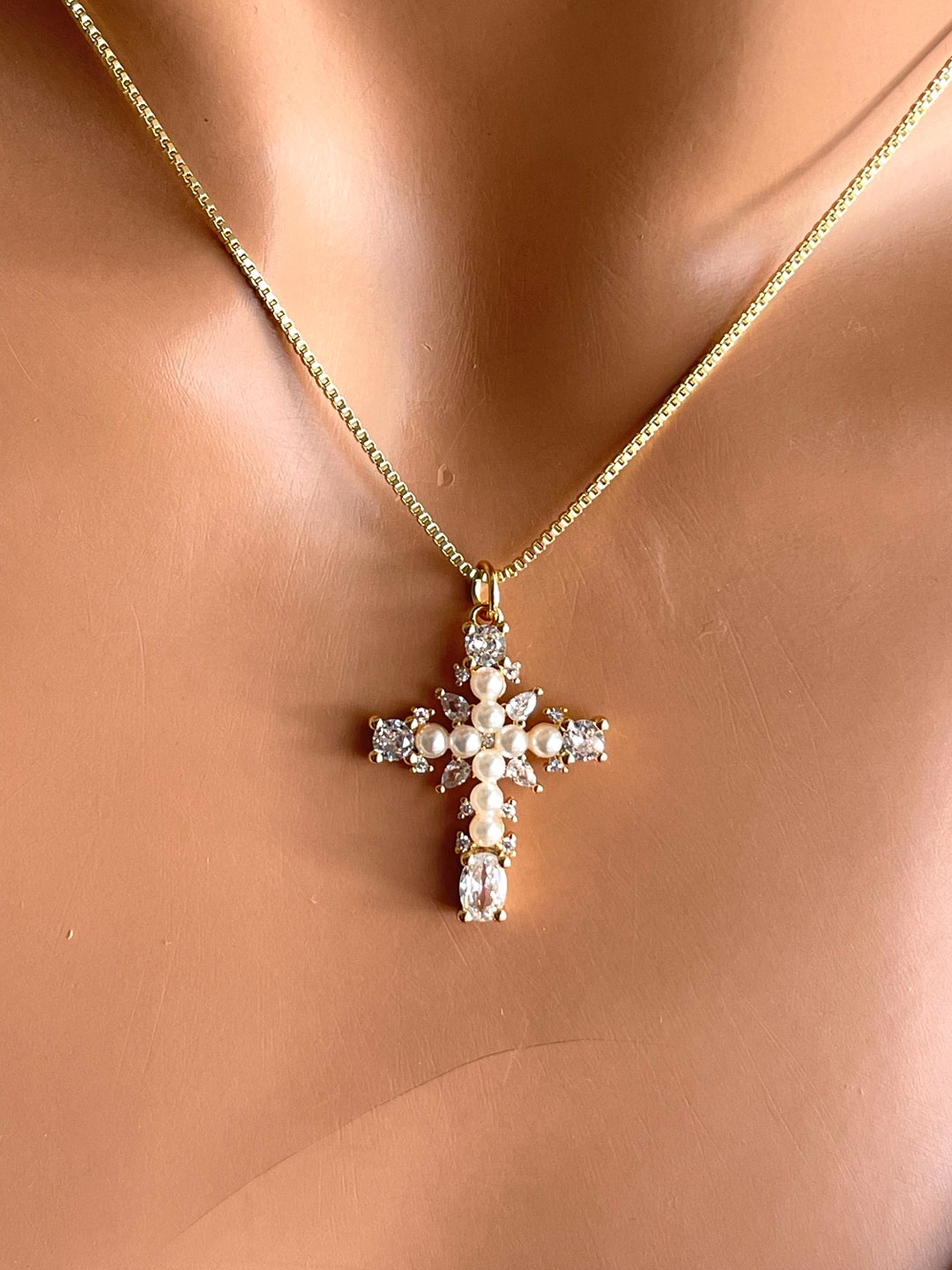 Gold Pearl Cross Necklace for Women Mother’s Day CZ Cross Charm, 14k ...