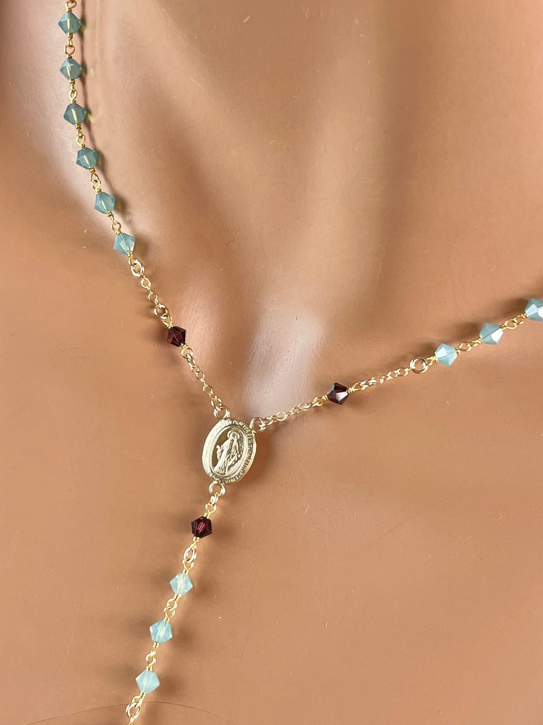 Gold Rosary Necklace Pacific Blue Opal Swarovski Crystals Mary ...