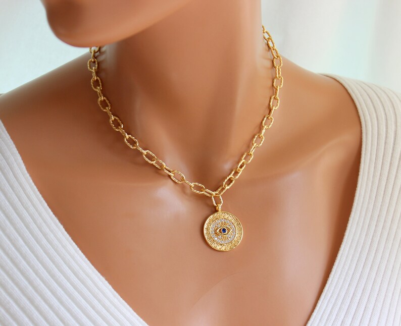 Gold Evil Eye Necklace Paper Clip Chain Chunky Gold Filled Choker ...