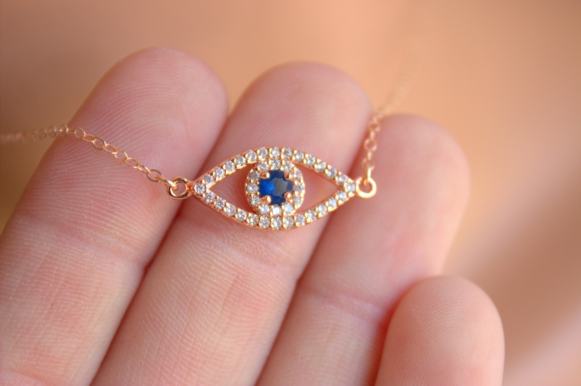 Evil Eye Necklace Women Girls Sterling Silver Rose Gold Filled Hamsa ...